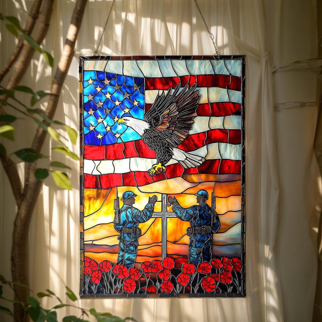 Patriotic Memorial Suncatcher Bald Eagle and Cross Acrylic Window ...