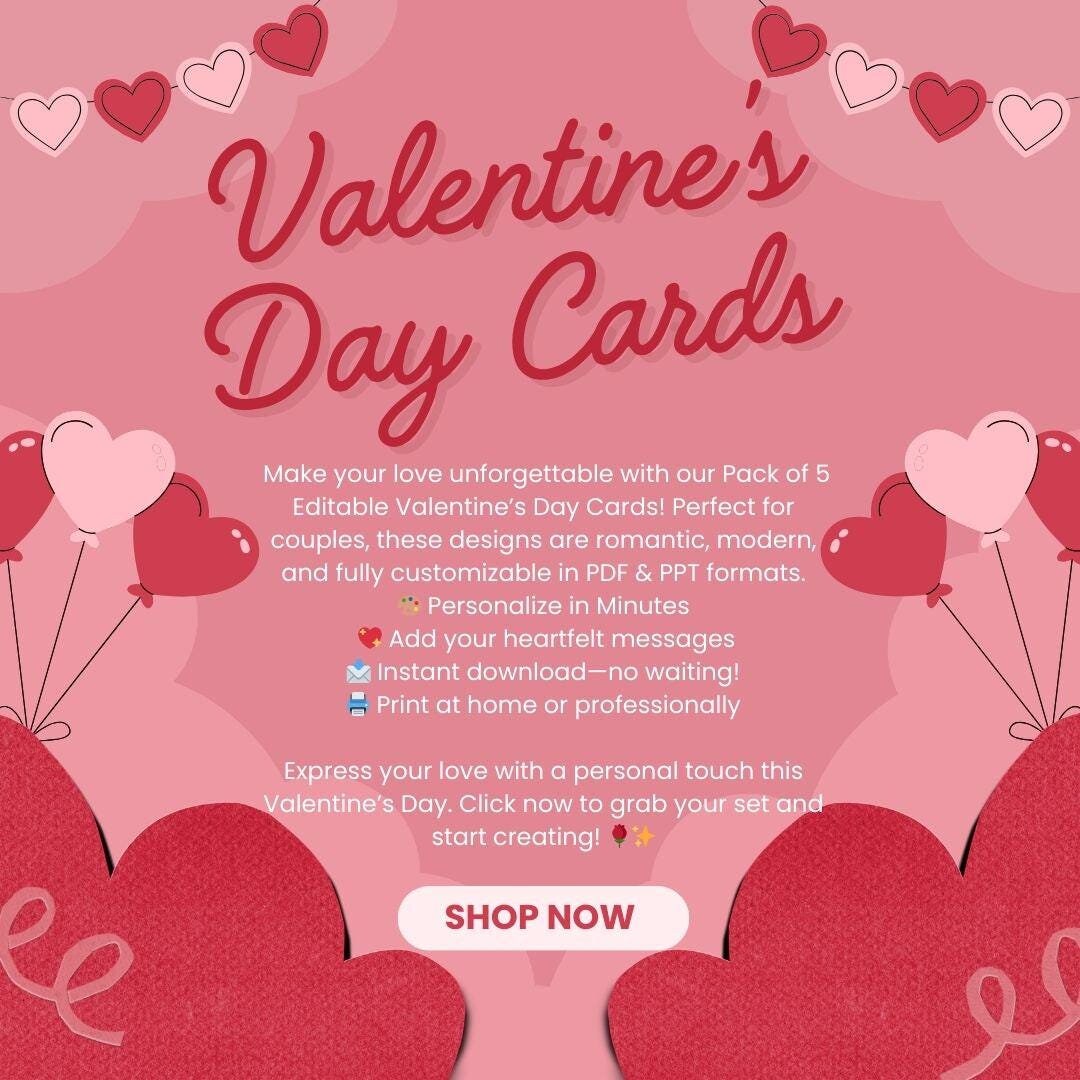 Editable Valentine's Day Card Templates Romantic Customizable Love ...
