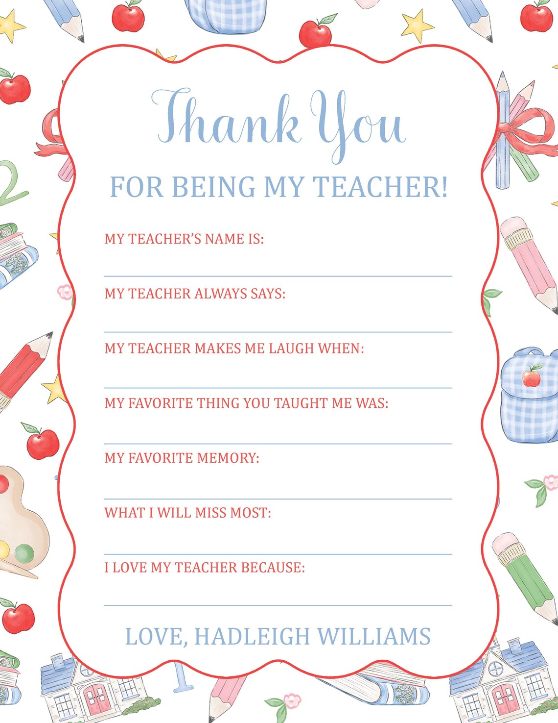 Printable All About My Teacher | School Questionnaire | End of the ...