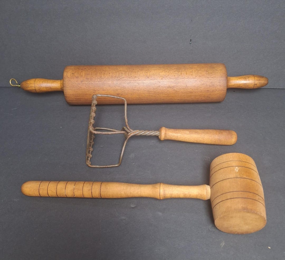 Antique 18” Solid Hardwood Rolling Pin With Wooden Potato Masher ...