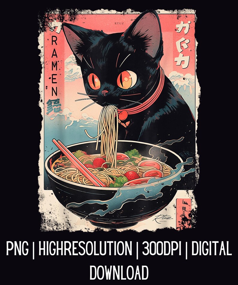 Retro Japanese Cat Ramen Artwork PNG | Anime-inspired Digital Print ...
