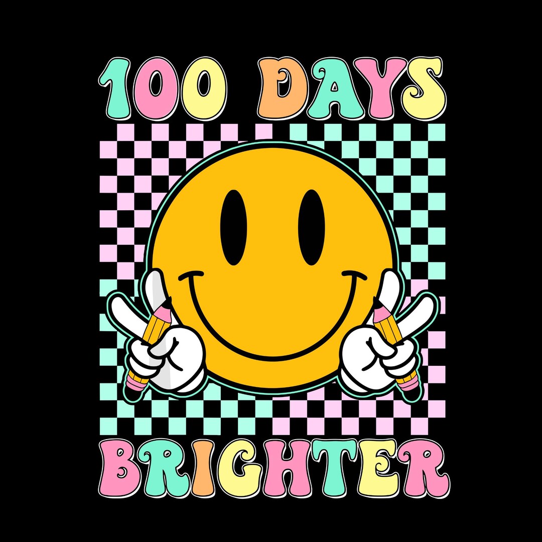 100 Days Brighter Smiley PNG for Sublimation, Retro Colorful Tee Design ...
