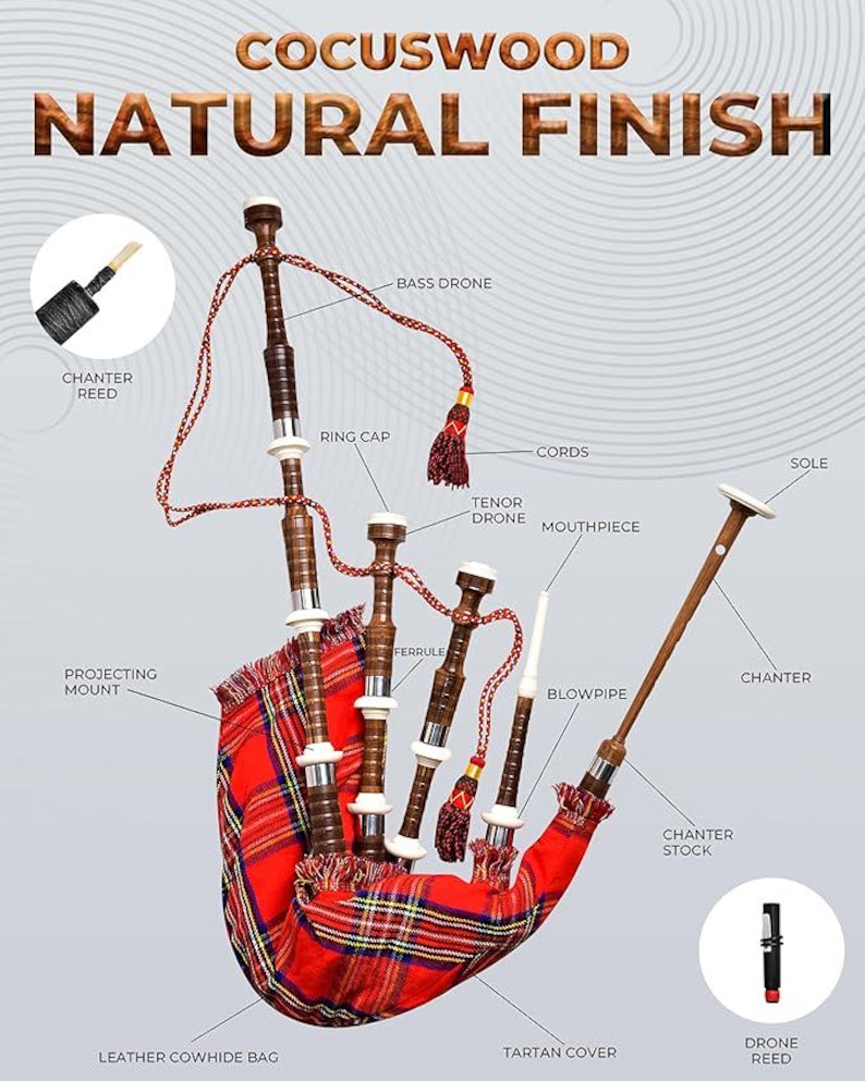 Handmade Scottish Bagpipe: Full Size Cocuswood, Silver Mounts, Royal ...