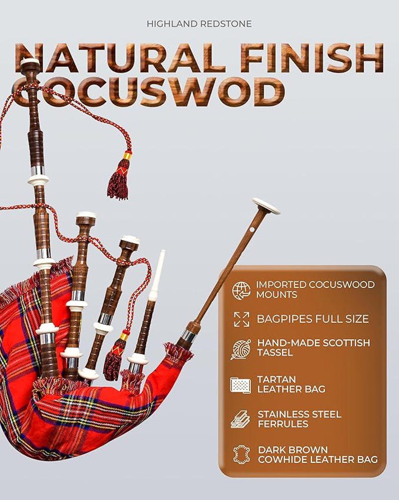 Handmade Scottish Bagpipe: Full Size Cocuswood, Silver Mounts, Royal ...