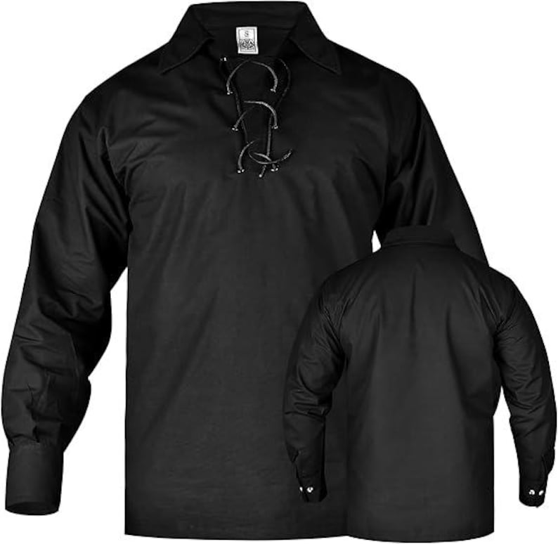 Men’s Scottish Jacobite Ghillie Kilt Shirt Black Long Sleeve Lace up ...
