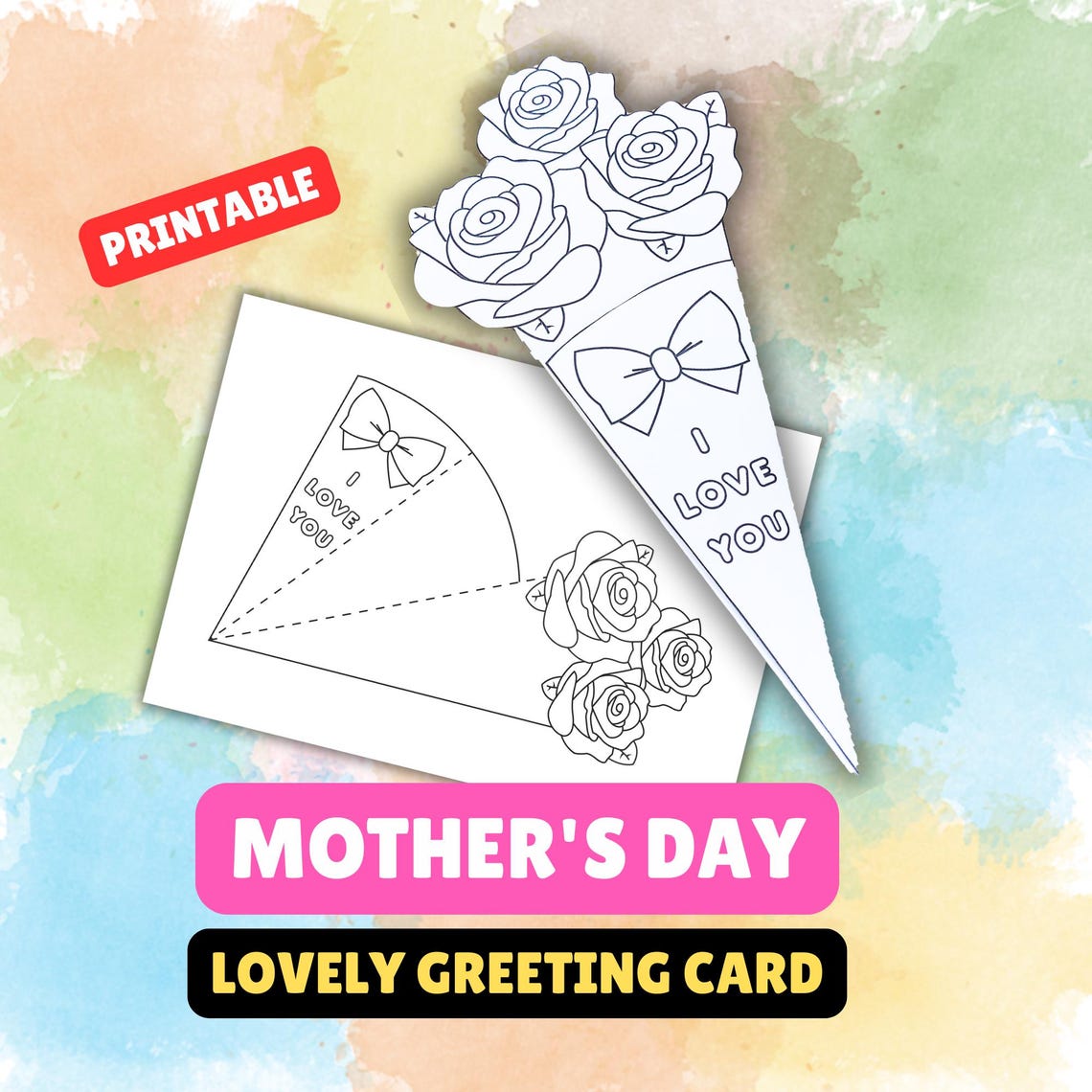 Rose Bouquet Mother's Day Coloring Card: DIY Craft for Kids (PDF) - Etsy