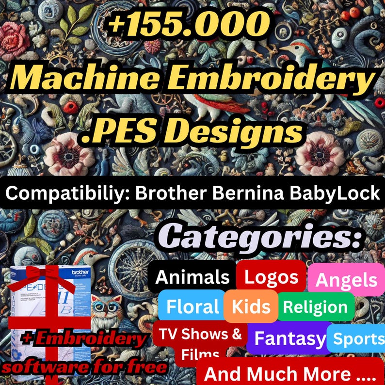 155,000 Machine Embroidery Designs Pack FREE Embroidery Software ...