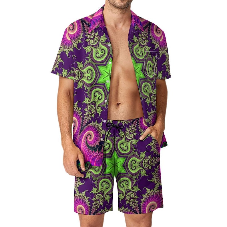 Fractals Men's 2pc Rave Outfit, Psychedelic Matching Shirt and Shorts ...