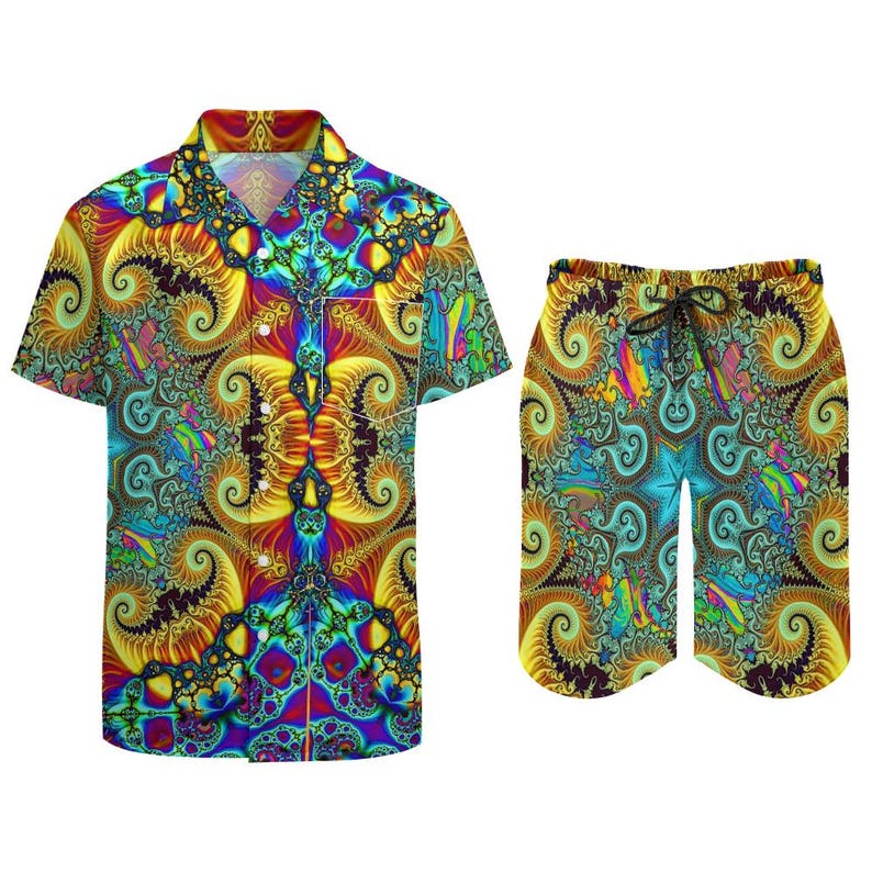 Fractals Men's 2pc Rave Outfit, Psychedelic Matching Shirt and Shorts ...