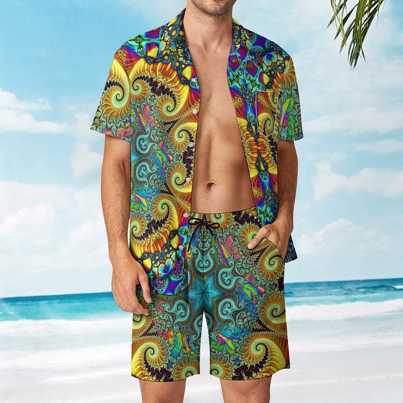 Fractals Men's 2pc Rave Outfit, Psychedelic Matching Shirt and Shorts ...