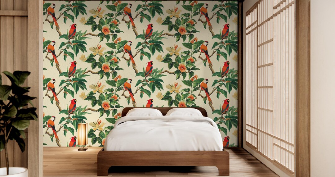 Tropical Parrot Wallpaper - Vibrant Bird and Floral Wall Art | Peel and ...