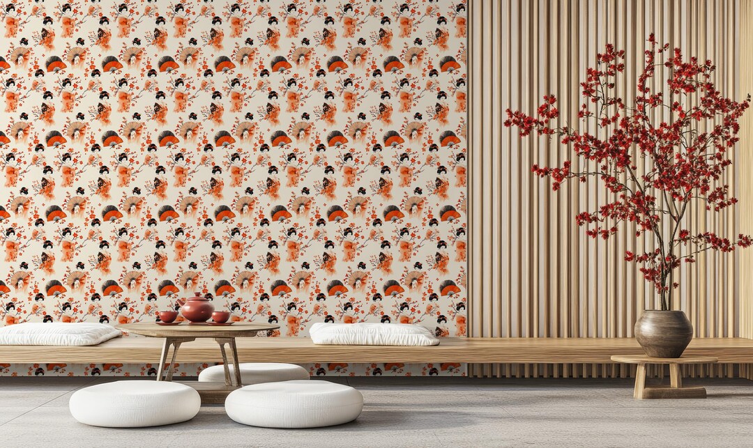 Traditional Asian Art Wallpaper - Cherry Blossom Oriental Theme | Peel ...