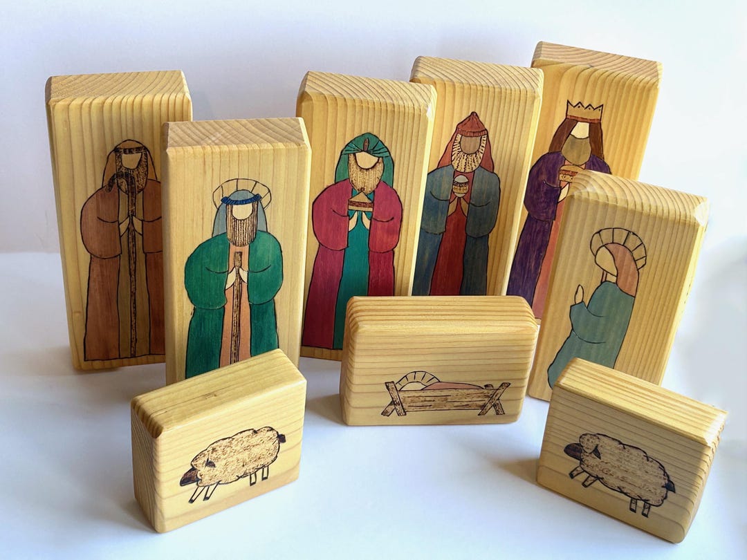 Handmade Wood Block Pyrography Art Nativity 9 Piece Set Painted Stained ...