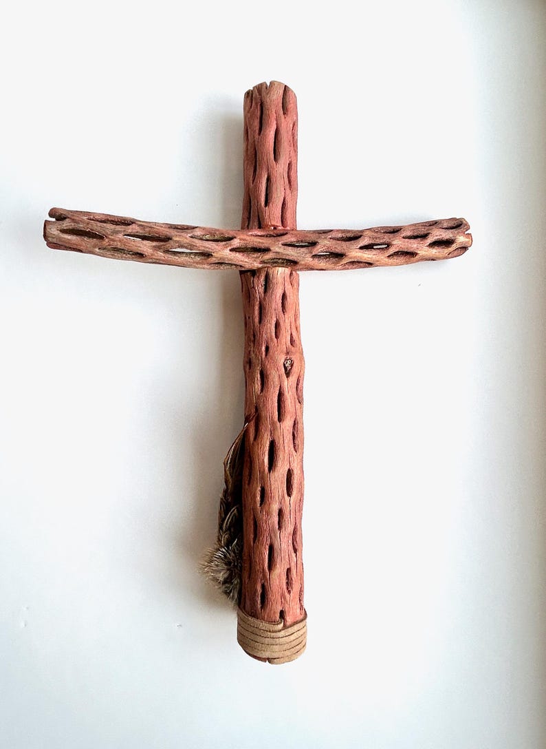 Handmade Cholla Cross Natural Southwestern Feather Leather Wrapped Gem ...