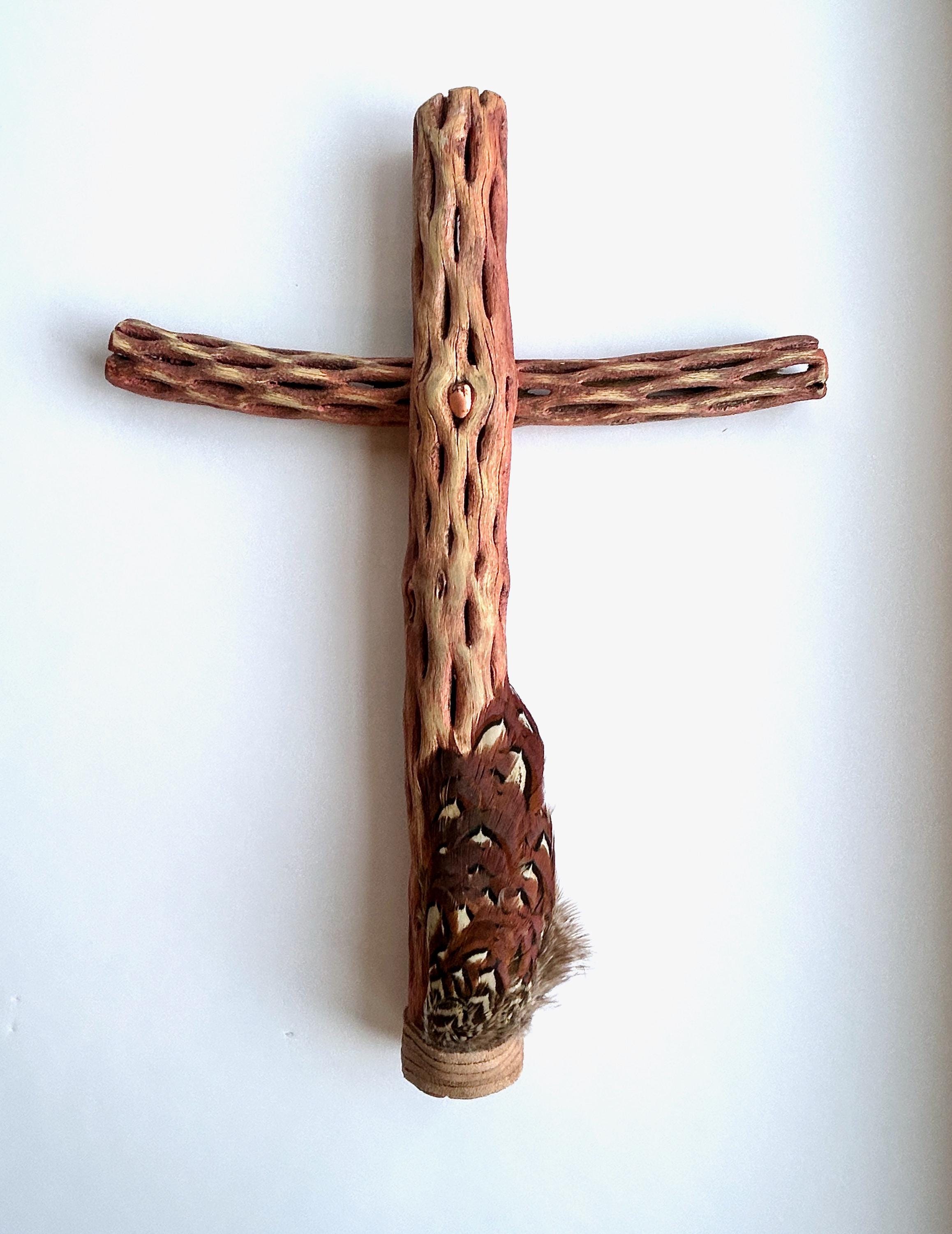 Handmade Cholla Cross Natural Southwestern Feather Leather Wrapped Gem ...