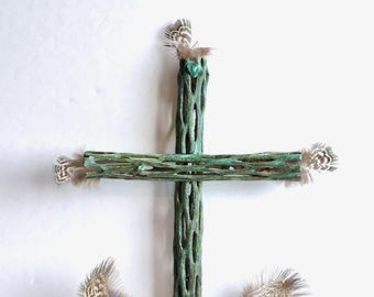 Handmade Cholla Cross Natural Southwestern Feather Leather Wrapped Gem ...