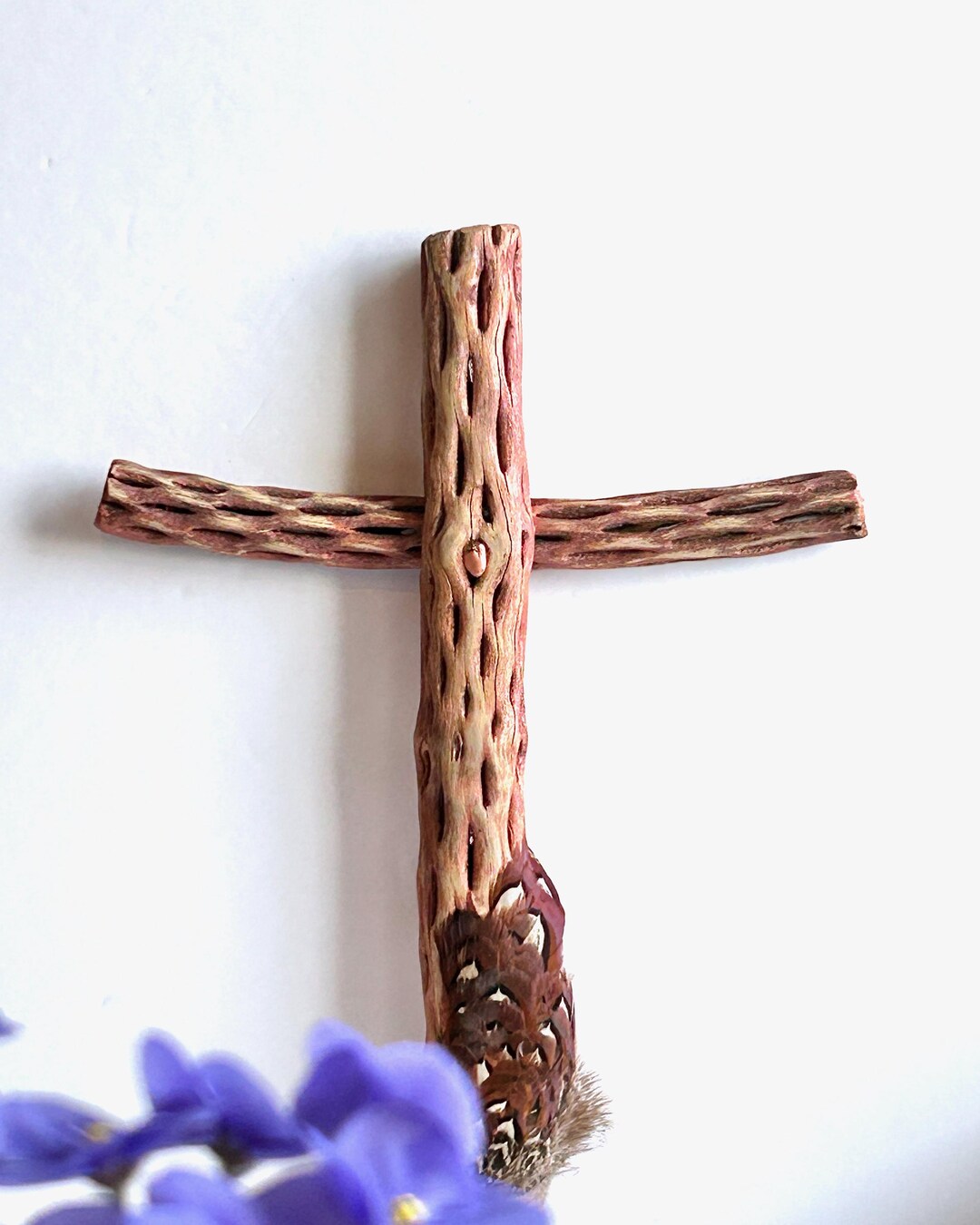 Handmade Cholla Cross Natural Southwestern Feather Leather Wrapped Gem ...