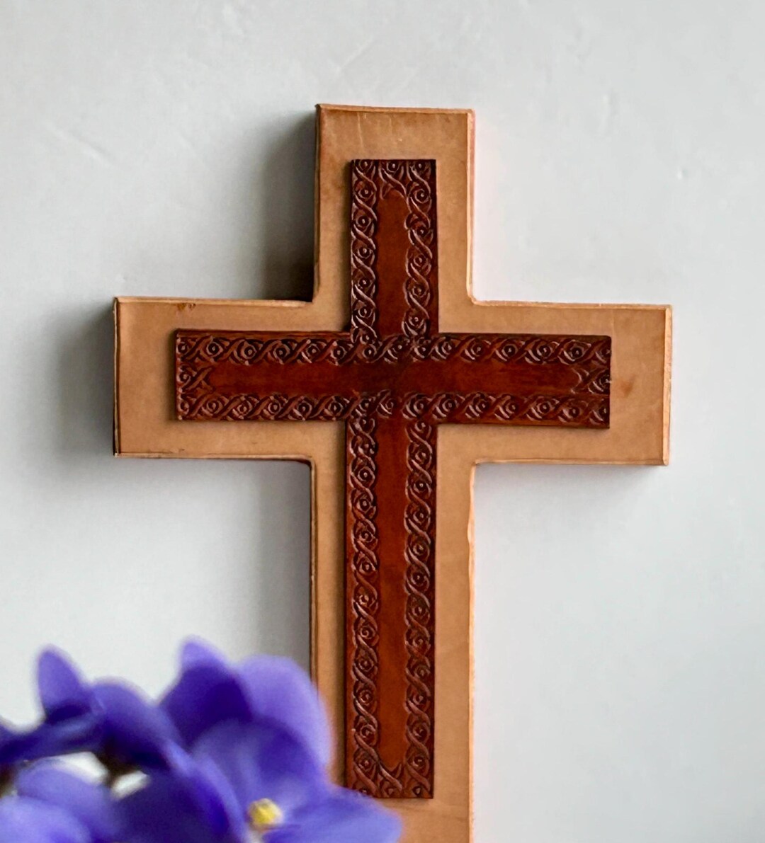 Handmade Wood Cross Scroll Stamped Two Leather Layered Appliqué Carved ...