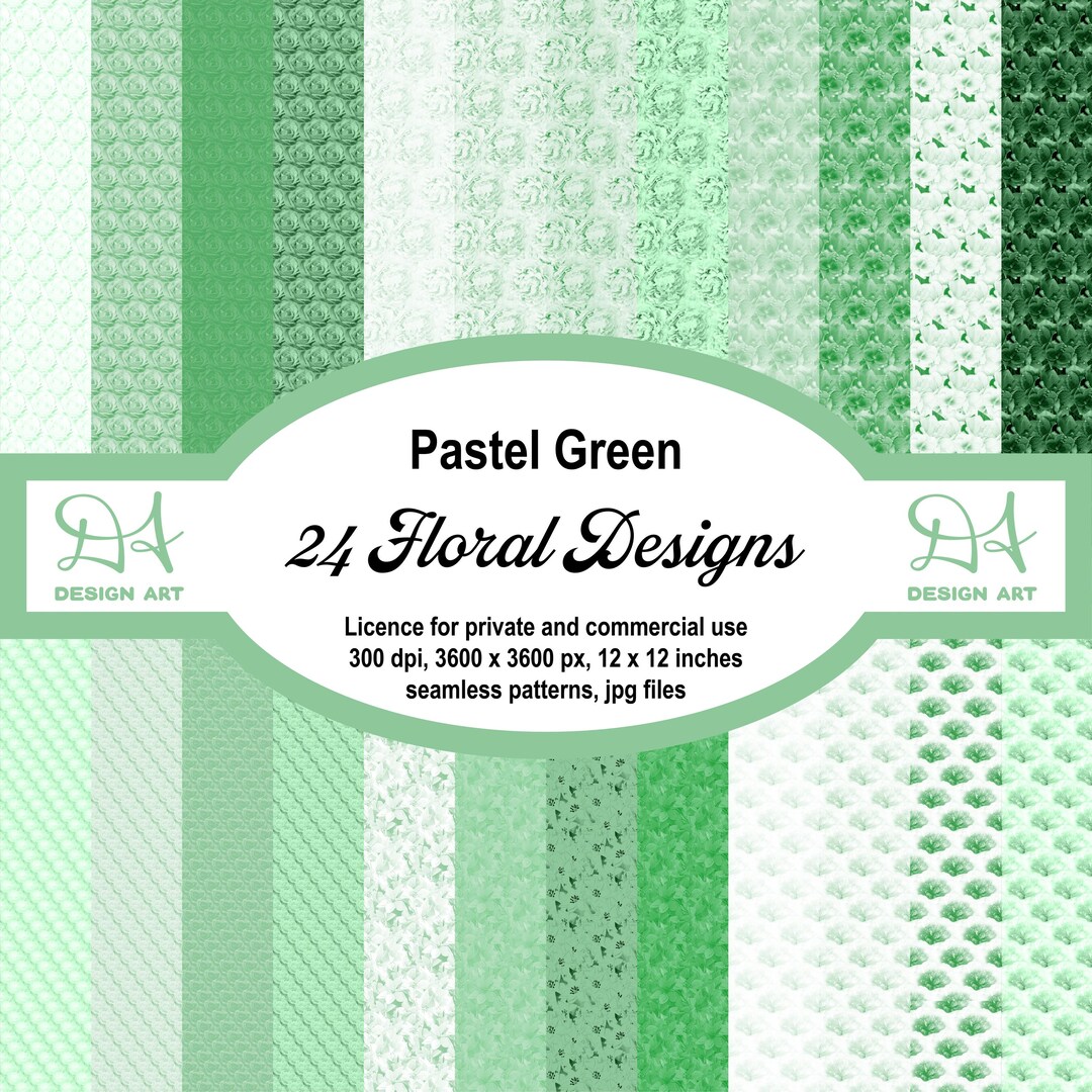 24 Floral Designs in Pastel Green, Seamless Pattern, 3600x3600 Px, 300 ...
