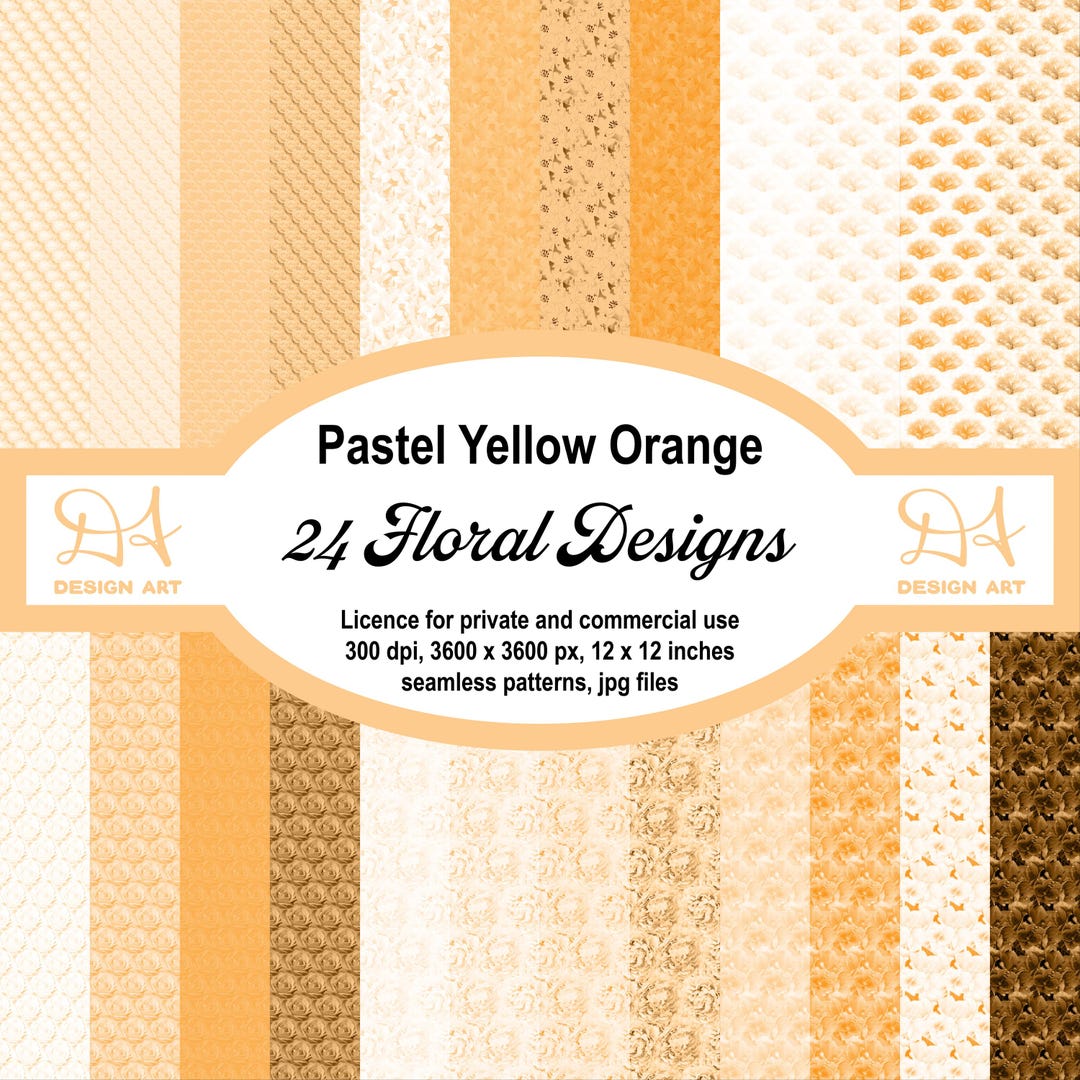 24 Floral Designs in Pastel Yellow Orange, Seamless Pattern, 3600x3600 ...