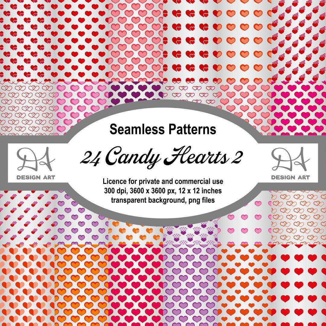 24 “candy Hearts 2” Seamless Patterns, Png Files With Transparent ...