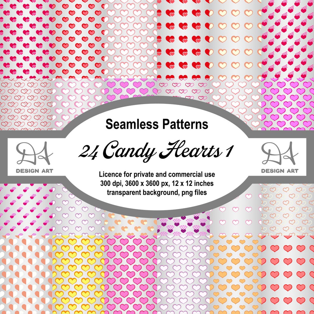 24 “candy Hearts 1” Seamless Patterns, Png Files With Transparent ...