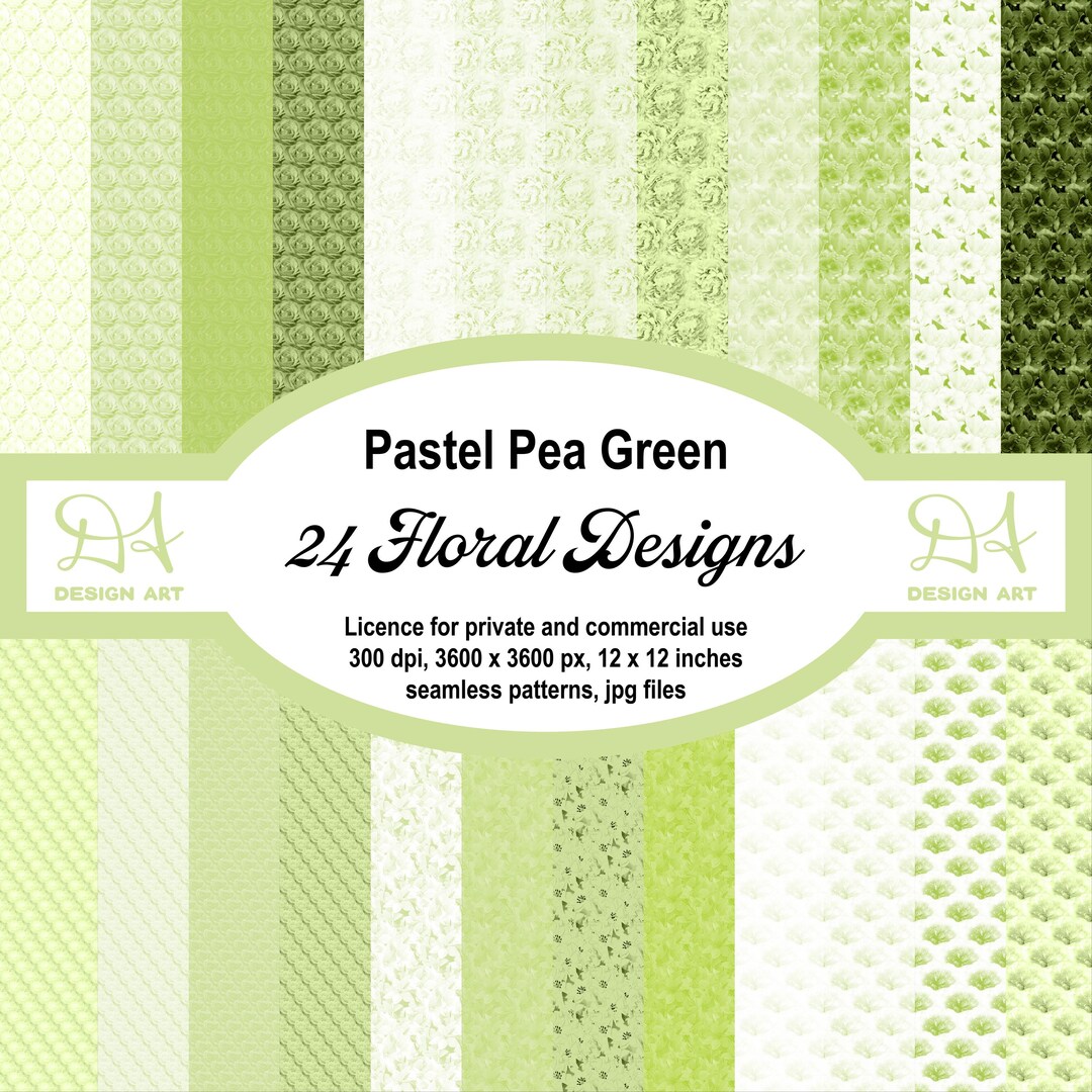 24 Floral Designs in Pastel Pea Green, Seamless Pattern, 3600x3600 Px ...