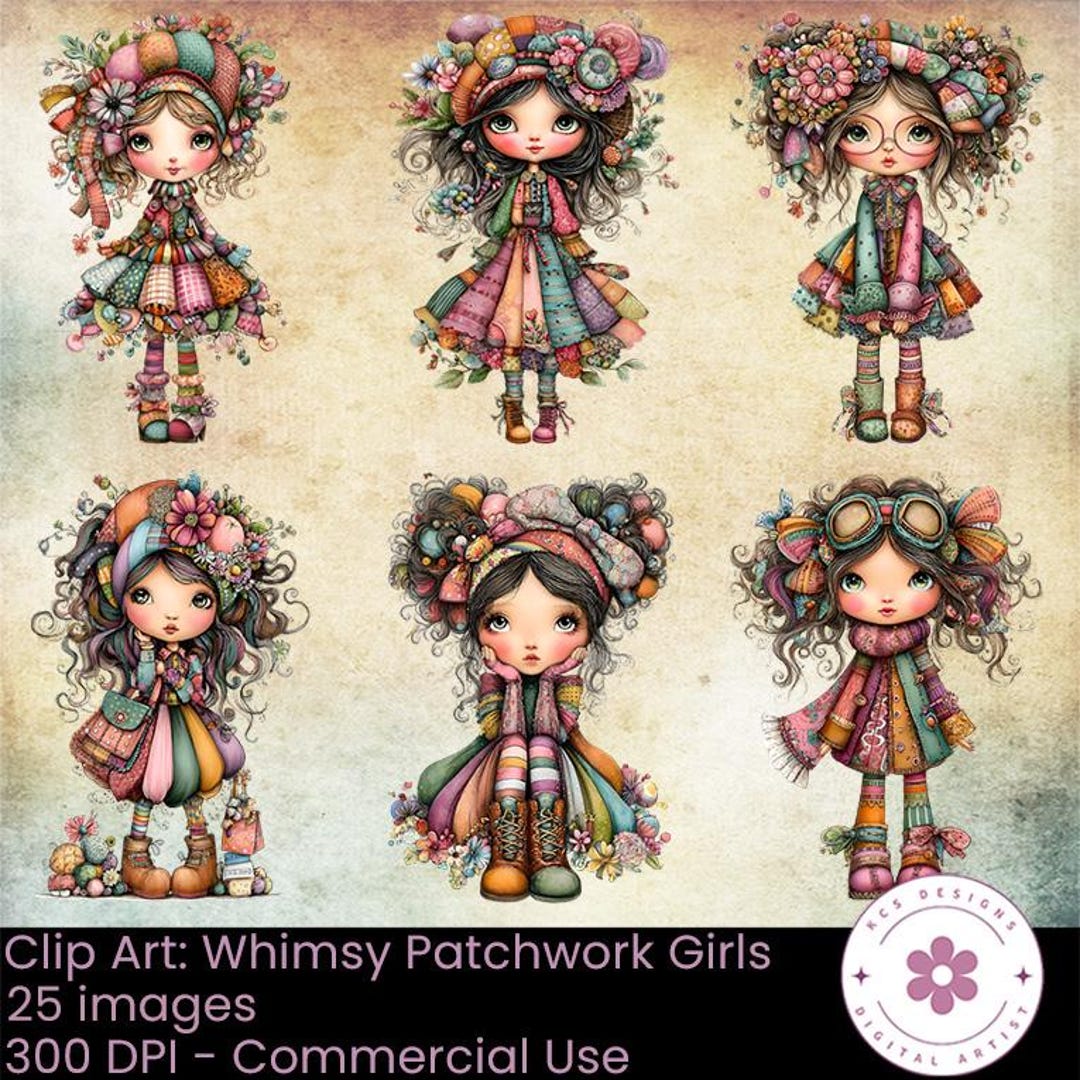 Whimsy Patchwork Girls Clip Art | Patchwork Whimsical Girl ...