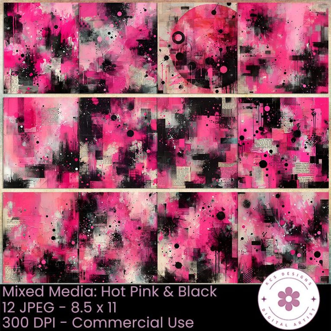 Hot Pink and Black Mixed Media Paper Pack: Abstract Scrapbook ...