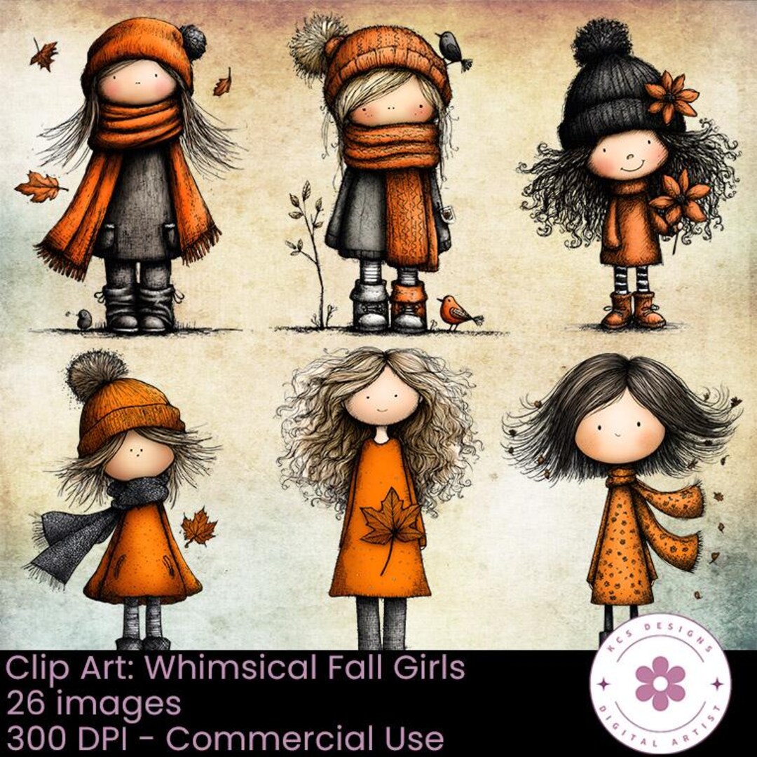 Whimsical Fall Girls Clip Art: Autumn Pngs for Junk Journals (digital ...