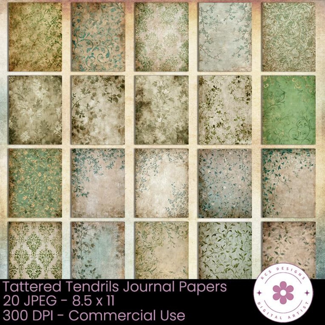 Tattered Tendrils Journal Papers, Botanical Vintage Green Backgrounds ...