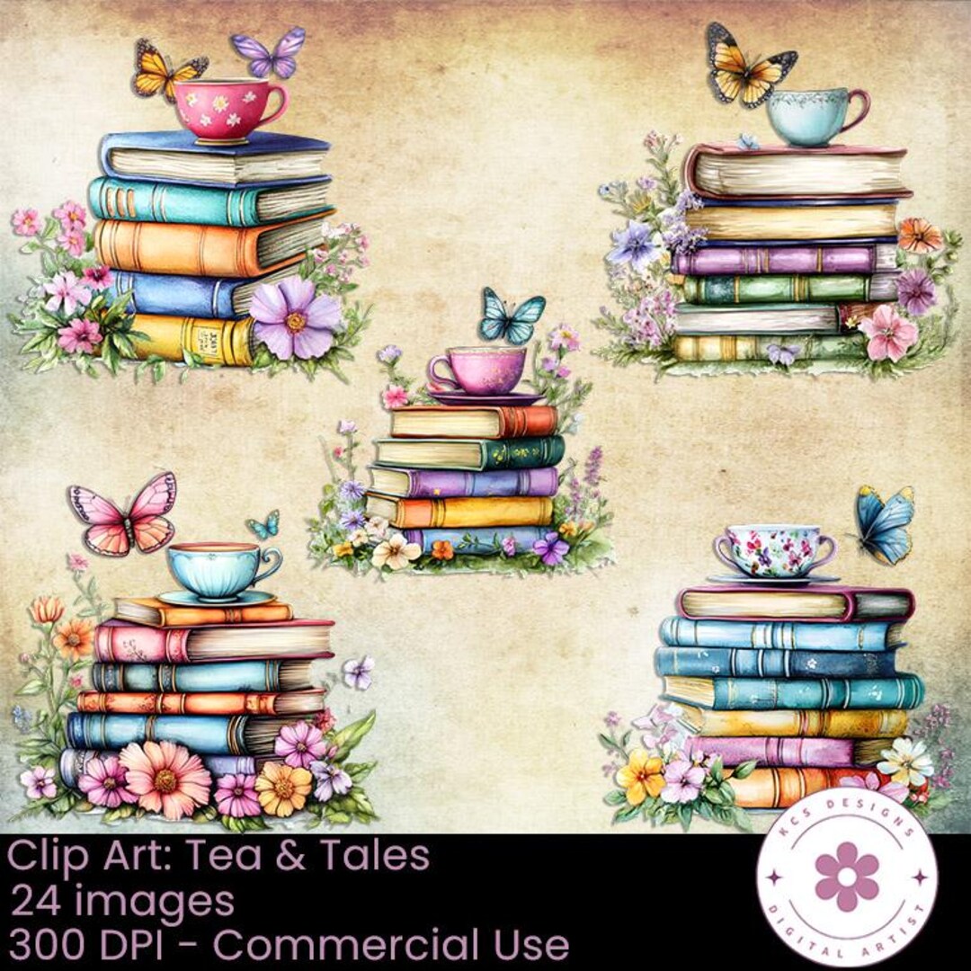 Whimsical Tea & Tales Clip Art: Watercolor Books, Teacups, Butterflies ...