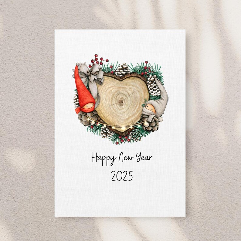 New Year 2025 Greeting Card Wooden Heart Design With Winter Touches ...
