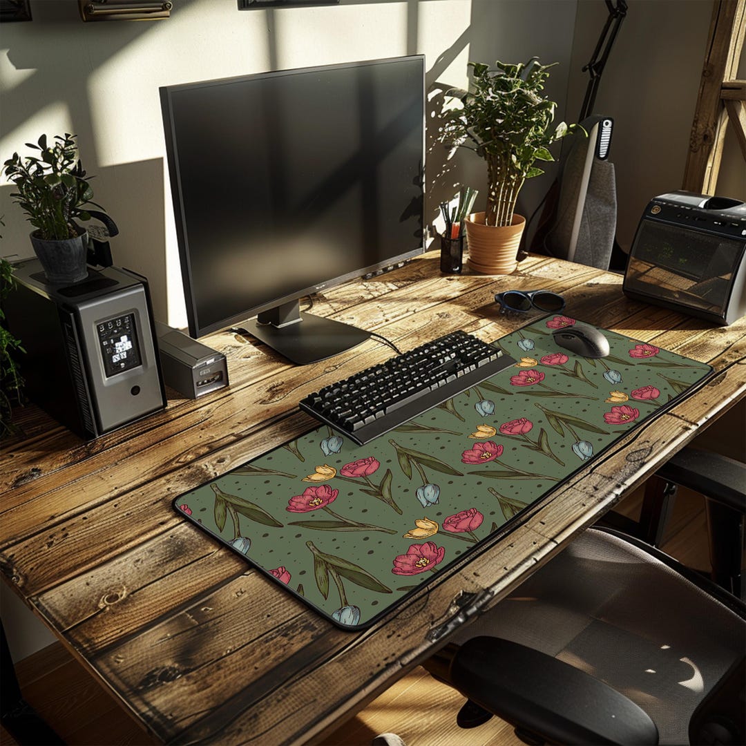 Cottagecore Floral Desk Mat Green Aesthetic Keyboard Pad Cozy Workspace ...