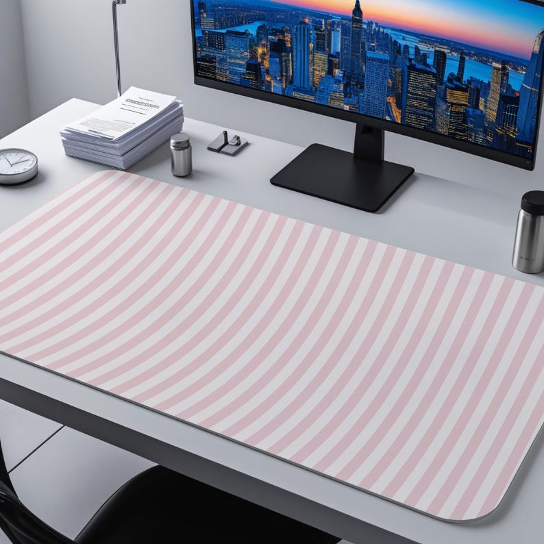 Pink Striped Desk Mat Cute Pastel Mouse Pad Kawaii Aesthetic Extended ...