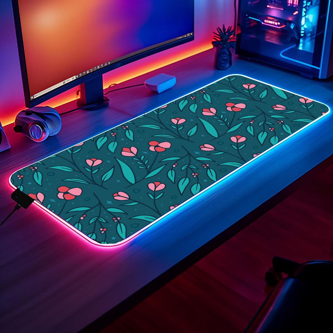 LED Floral Desk Mat Cottagecore Green Gaming Mouse Pad Aesthetic ...