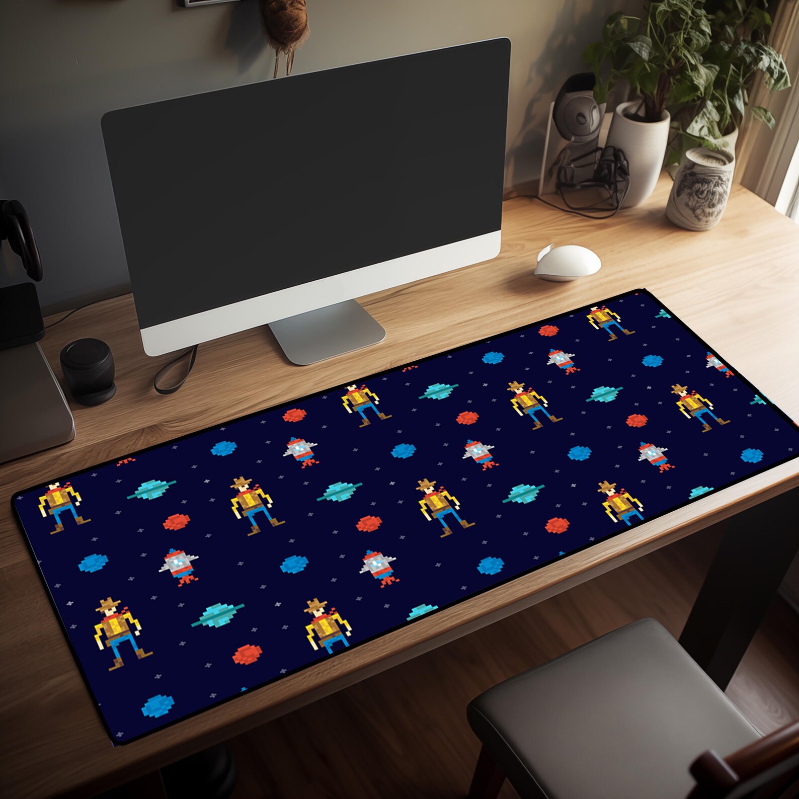 Pixel Western Gaming Desk Mat Retro Arcade Theme Large Keyboard Pad for ...