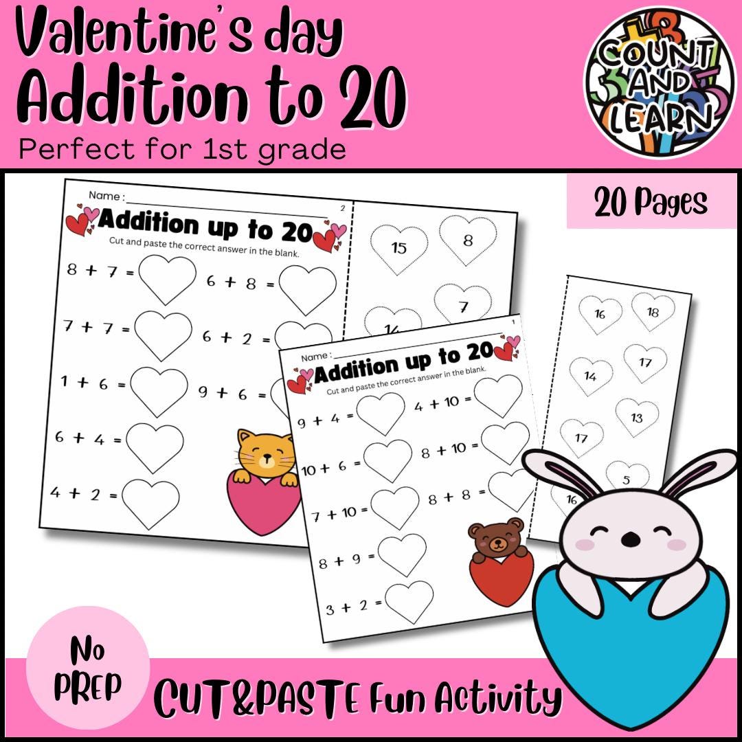 Valentine’s Day Addition up to 20 – Cut and Paste Math Worksheets - Etsy