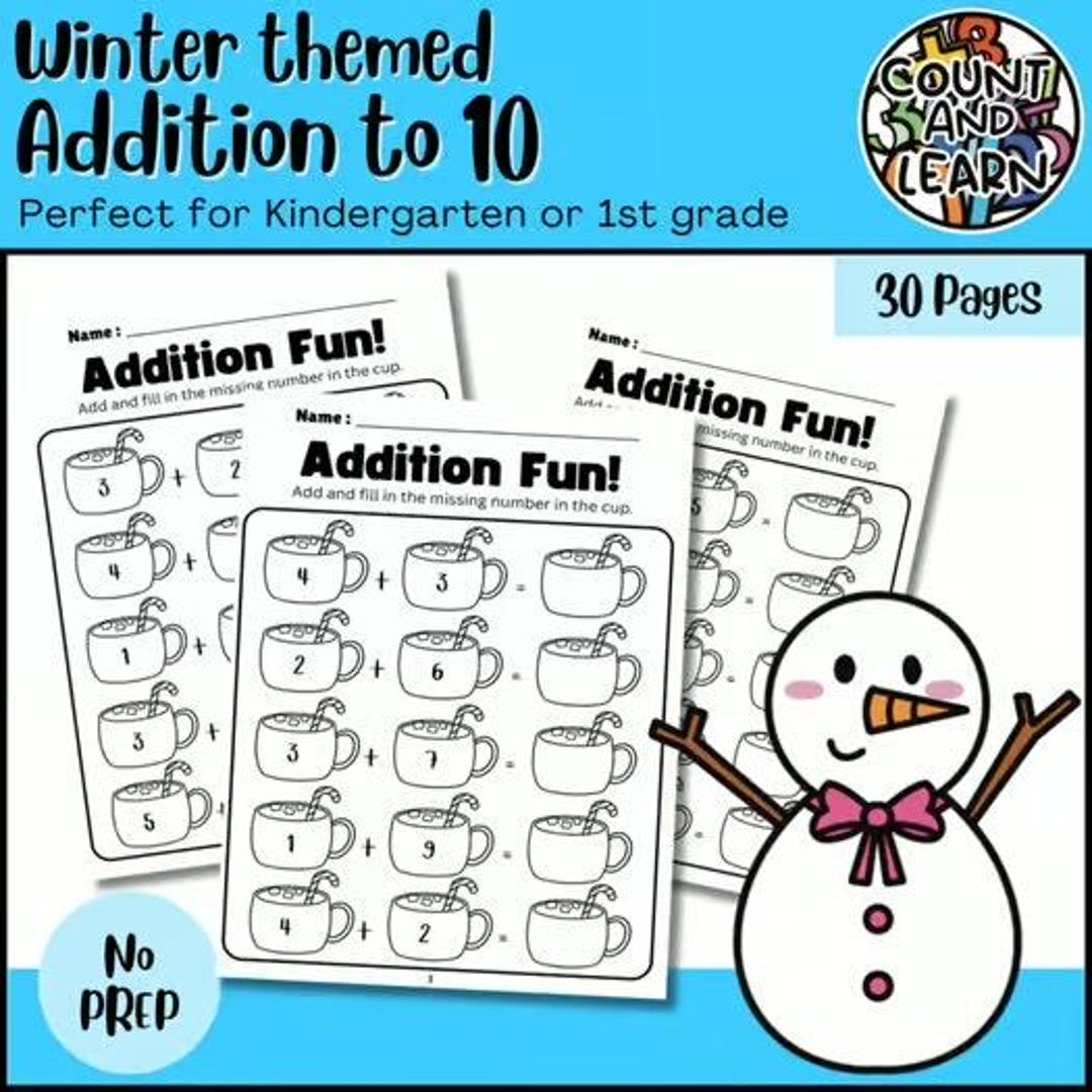 Hot Cocoa Addition to 10 Worksheet - Winter Math Activity - Etsy