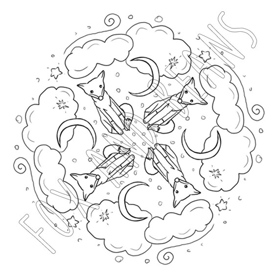 Moon Fox Clouds Stars Foxes Night Printable Coloring | Etsy