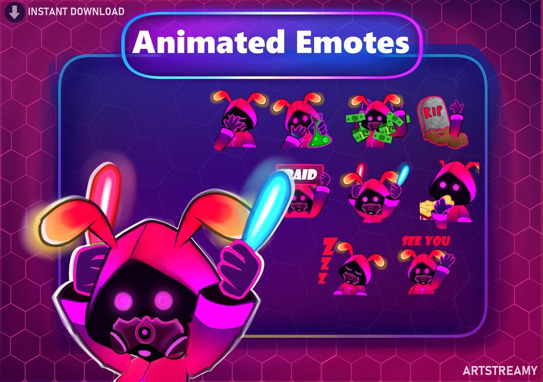 Neon Bunny Animated Emotes Pack: Twitch/discord Stream Emotes (9 .gifs ...