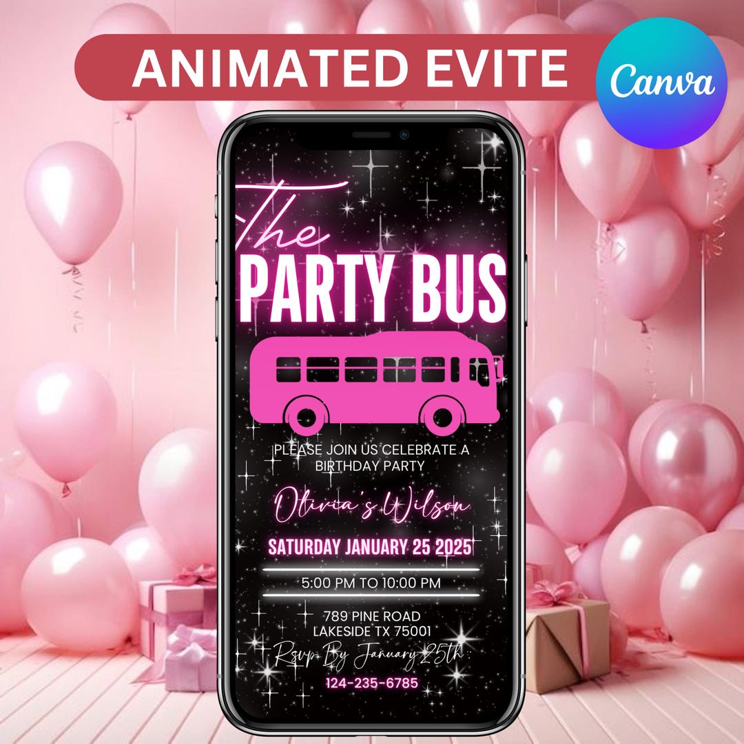 Digital Party Bus Birthday Invitation, Party Bus Invitation, Birthday ...
