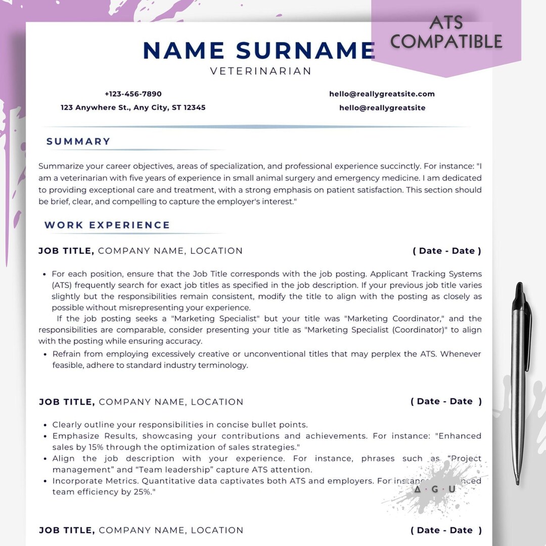 Modelo de currículo ATS para veterinário, Canva, personalizável, ATS ...