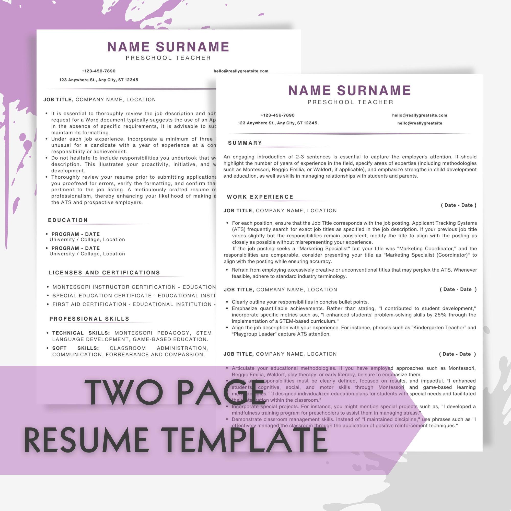 ATS Resume Template for Preschool Teacher, Canva, ATS Friednly ...