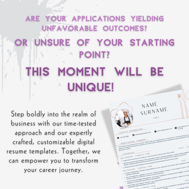 Chef Resume Template | ATS Friendly Culinary CV | Editable Canva Resume ...