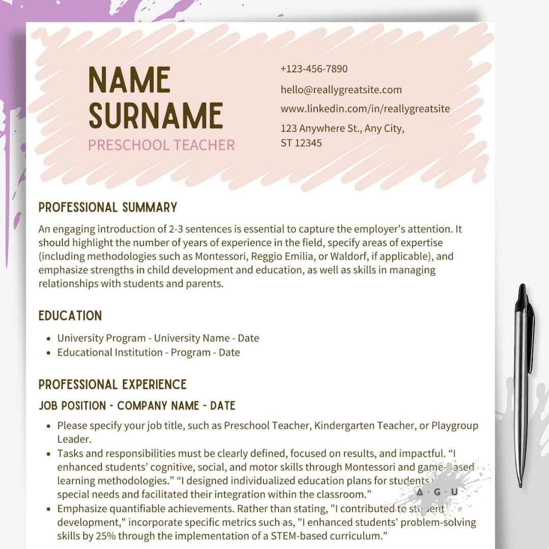 Modern Resume Template for Preschool Teacher, Canva, Customizable ...