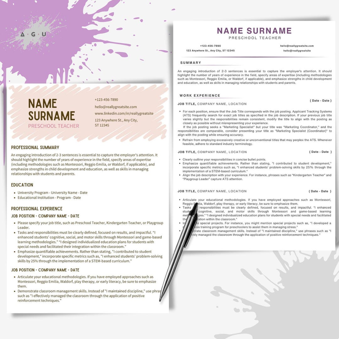 ATS Modern Resume Template for Preschool Teacher, Canva, Customizable ...