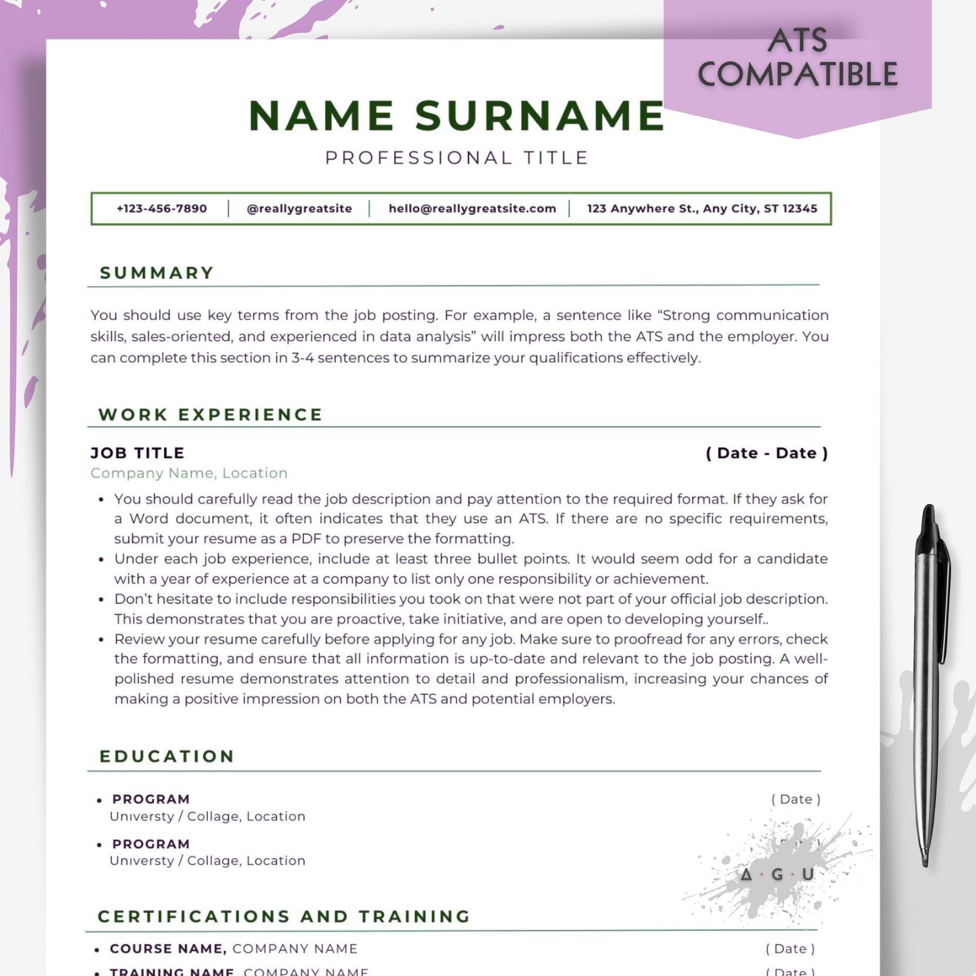 ATS Resume Template: Modern CV Design With Cover Letter (canva, Digital ...