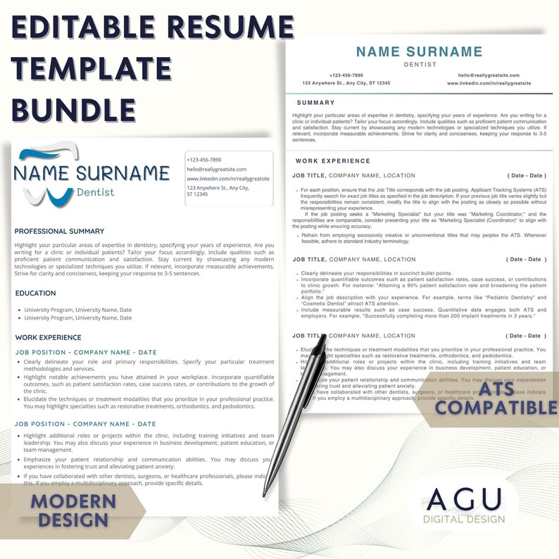 Dentist Modern & ATS Resume Template Bundle | Editable Canva CV | Cover ...