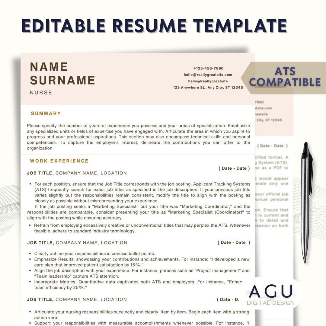 Nurse Resume Template: Ats-friendly Medical CV + Cover Letter (digital ...